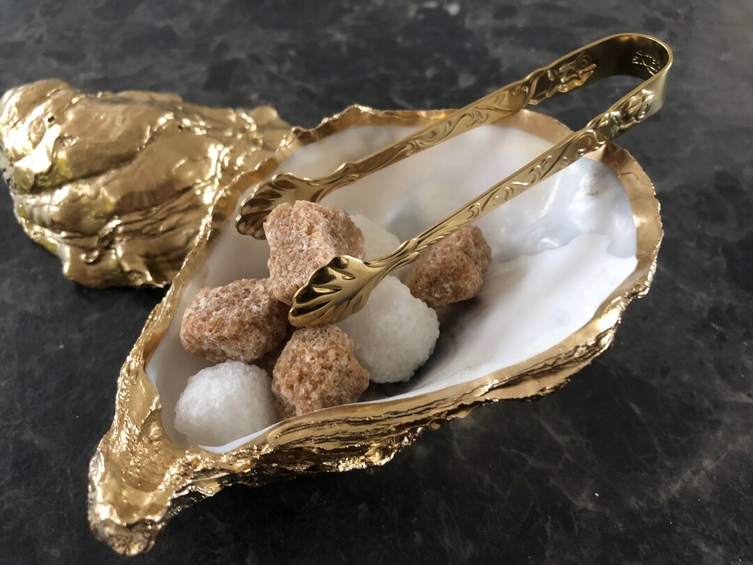 XL Oyster Shell Gold Sugar Bowl With Scalloped Gold Sugar Tongs ...