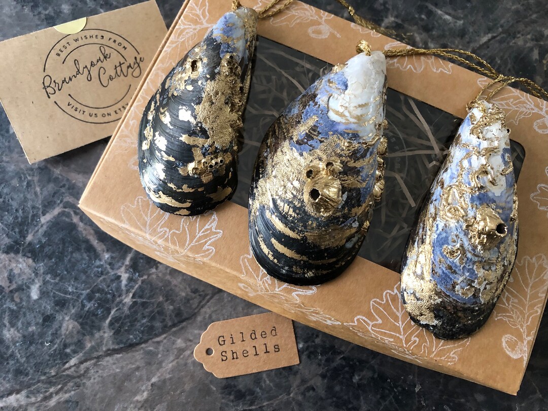 Boxed Hanging Christmas Shell Ornaments Giftbox Set of X-large Gilded ...