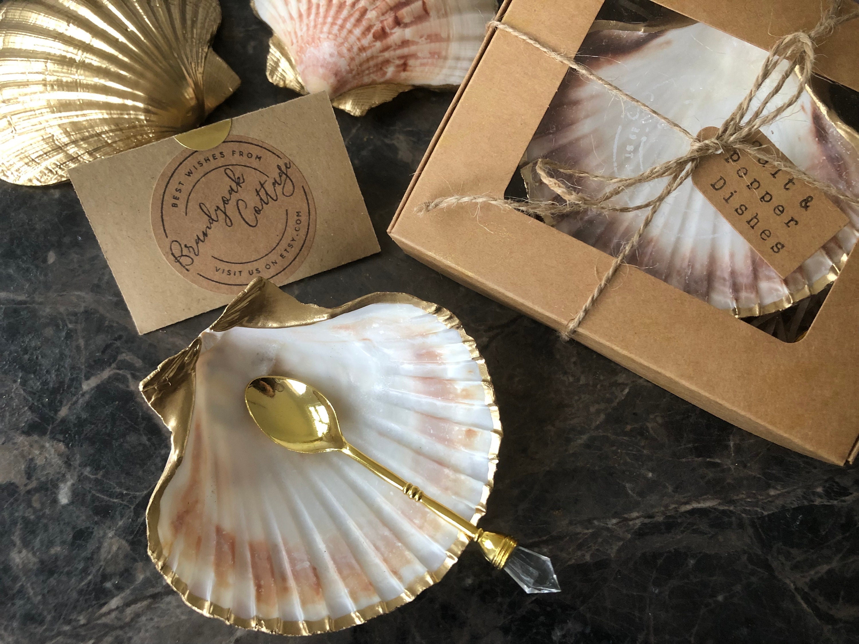 Gold Scallop Shell Salt & Pepper Cruet Dishes With Golden Spoons | Salt ...