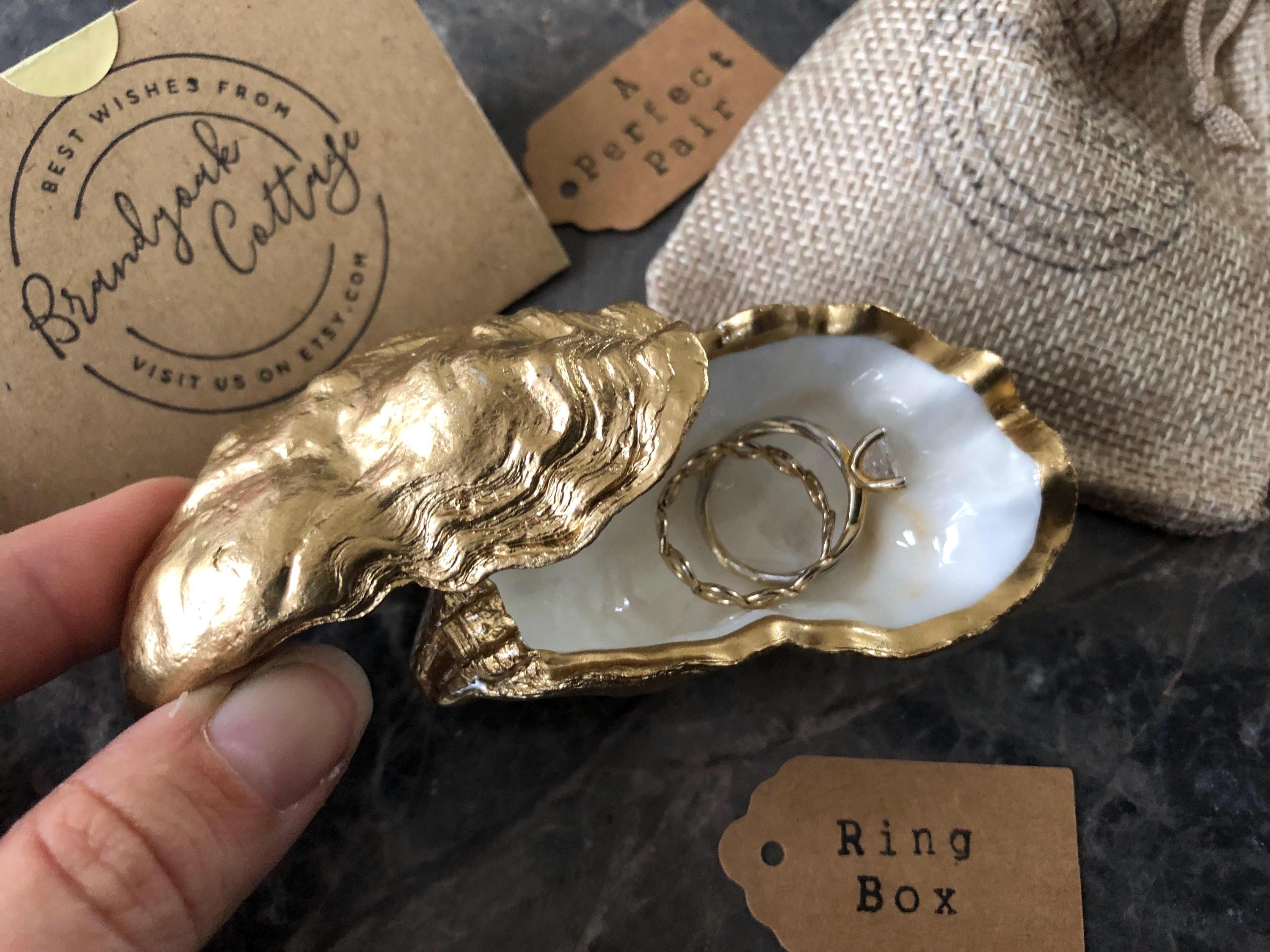 Gold & White Oyster Shell Ring Box Beach Proposal | Custom Oyster Shell ...