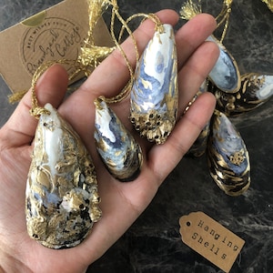 Gilded Barnacle Mussel Shell Christmas Decorations, Blue Gold Hanging ...