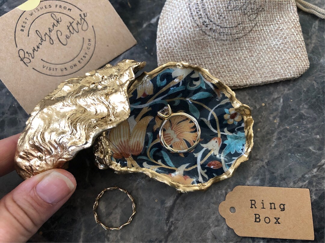 William Morris Shell Oyster Ring Box in Lodden Blue, Russet, Gold | Small Whole Oyster Shell ...