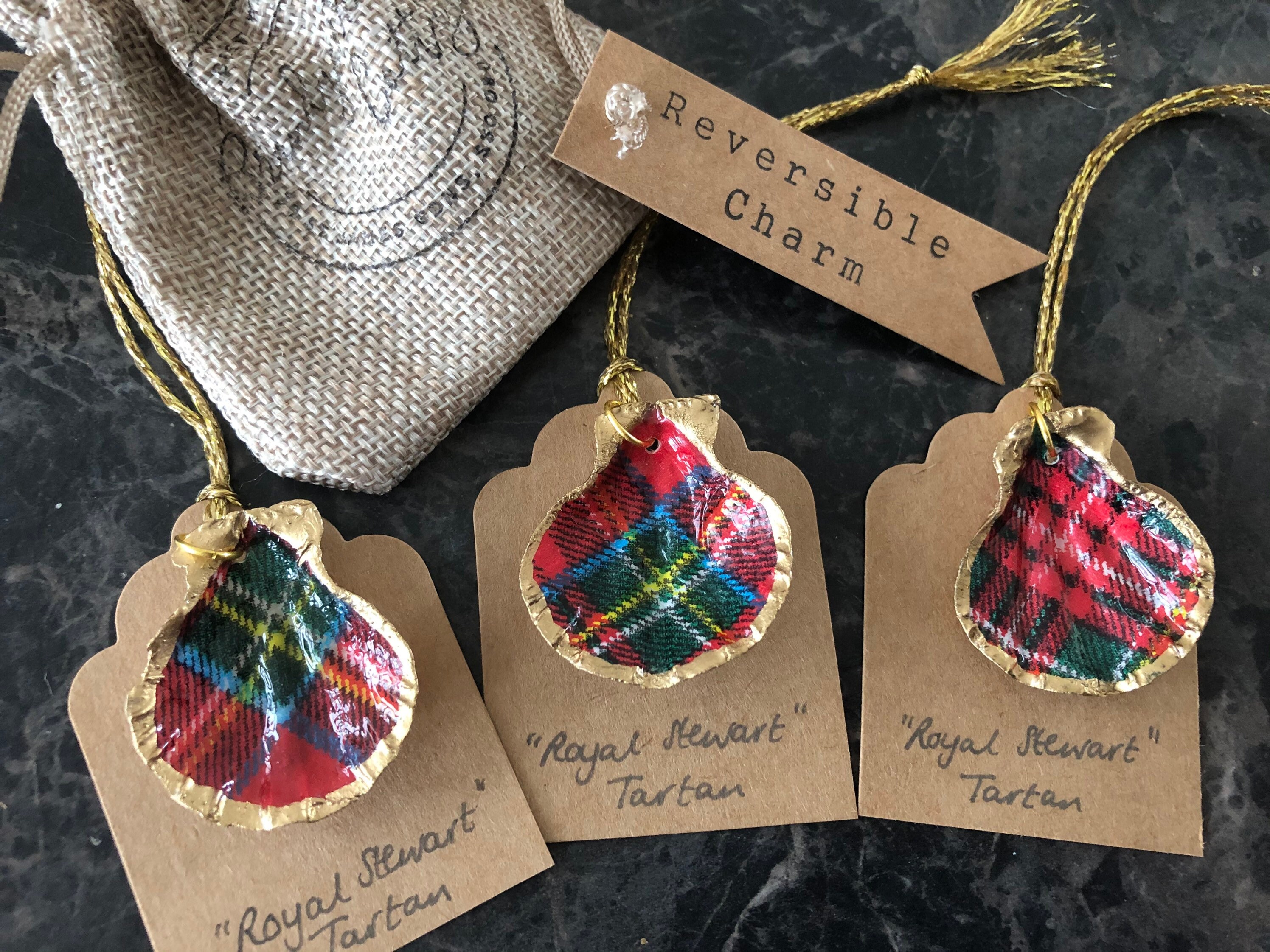 Reversible Shell Charm, Royal Stewart Tartan Pendant Red Green Gold ...