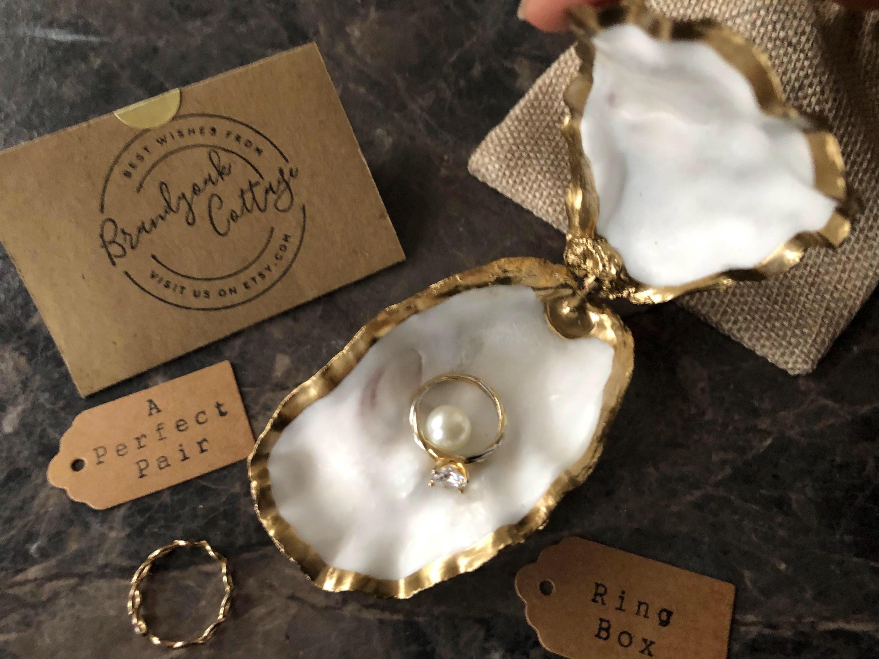 Gold & White Oyster Shell Ring Box Beach Proposal | Custom Oyster Shell ...
