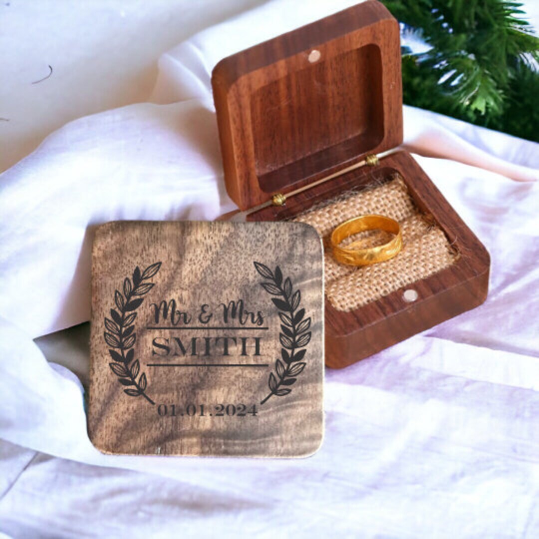 Personalised Walnut Square Ring Presentation Box With Pillow for Two ...