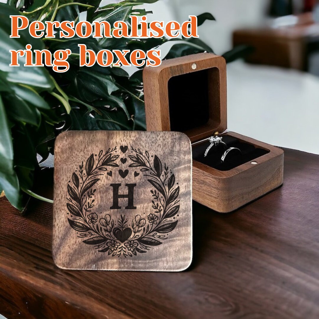 Personalised Walnut Square Ring Presentation Box for 1 or 2 Rings ...