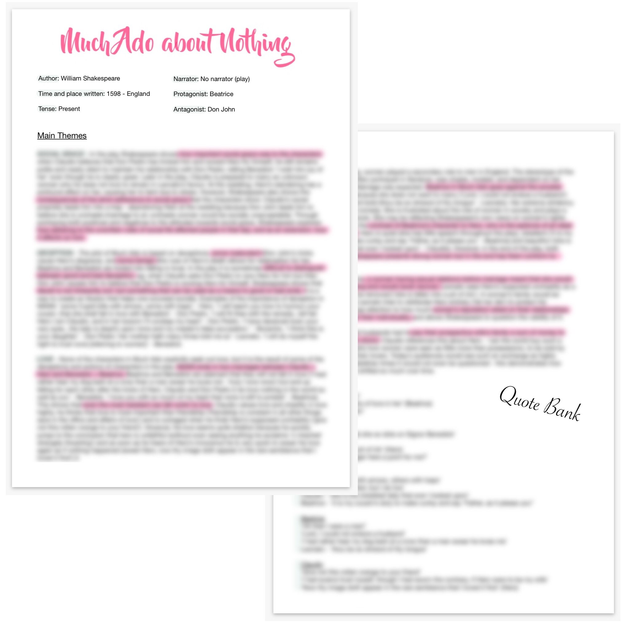 Much Ado About Nothing GCSE English Literature Study Notes Grade 9 - Etsy