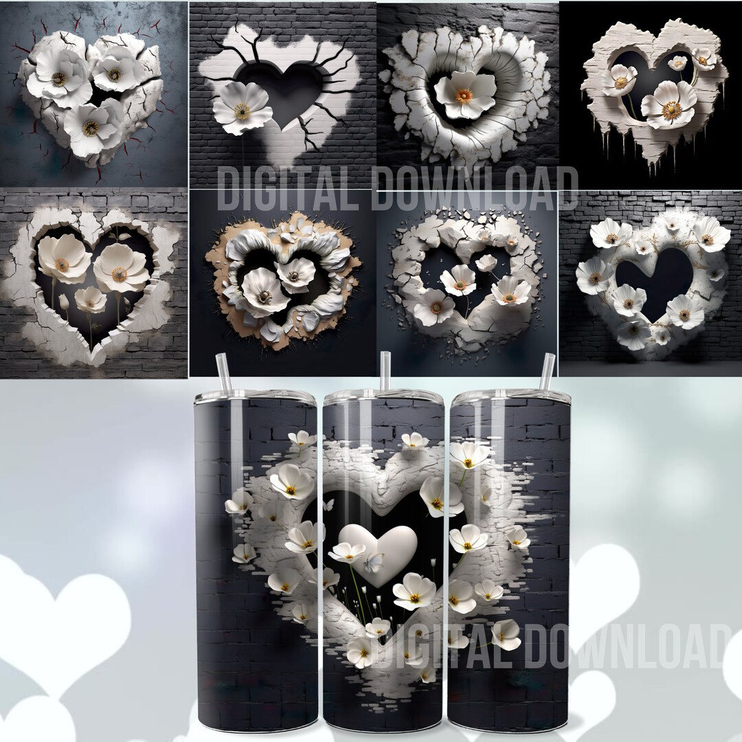 White Poppy Heart Bundle 3D Digital Download Sublimation PNG File ...