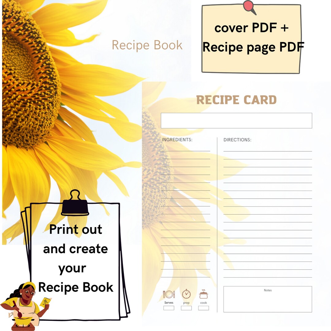 Illustrated Sunflowers Recipe Card Book Digital Notes Pages Printable ...