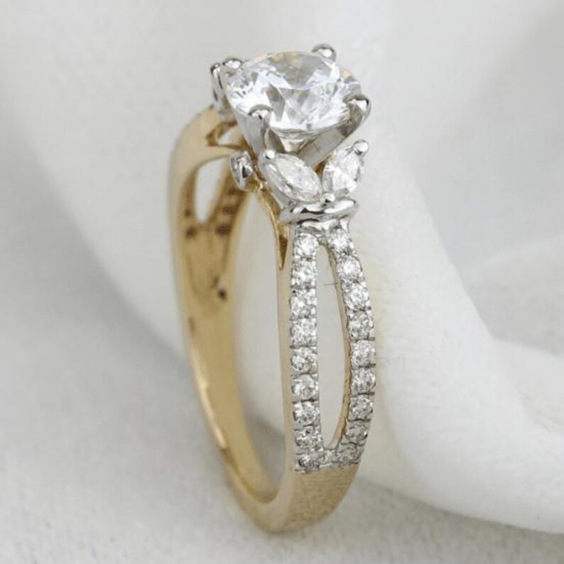 Solitaire Natural Diamond Bridal Ring: 14K Solid Gold Split Marquise ...