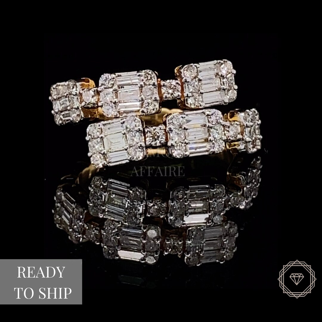 Double Band Diamond Ring in 14K Solid Gold, Baguette & Round Diamonds ...