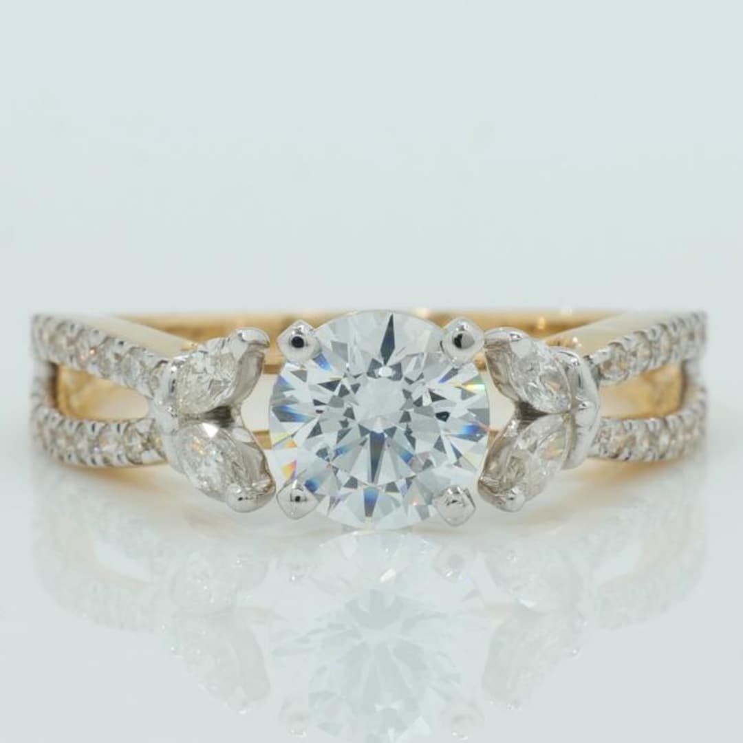 Solitaire Natural Diamond Bridal Ring: 14K Solid Gold Split Marquise ...