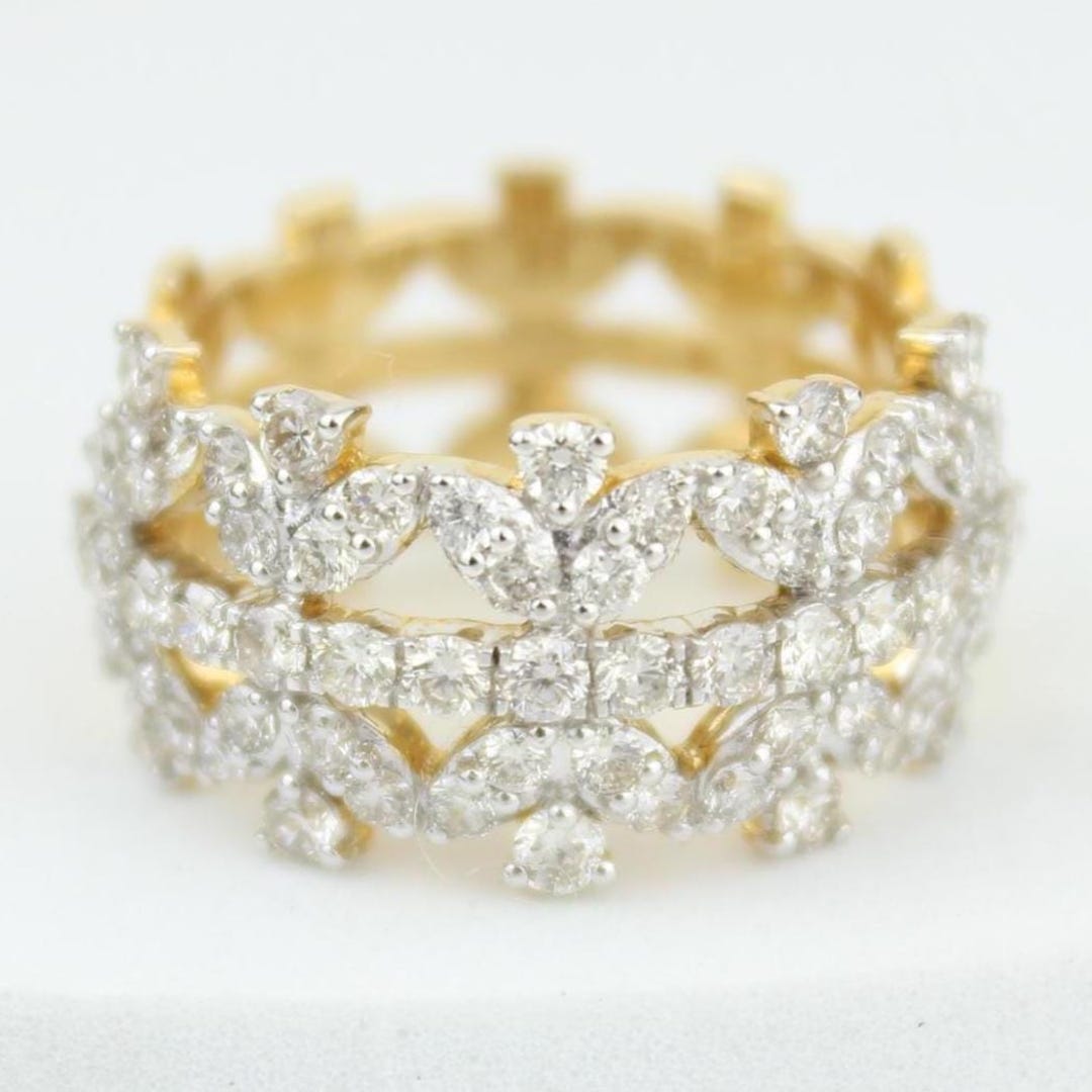 Crown Diamond Ring, 14k Solid Gold Broad Ring, Natural Diamonds ...