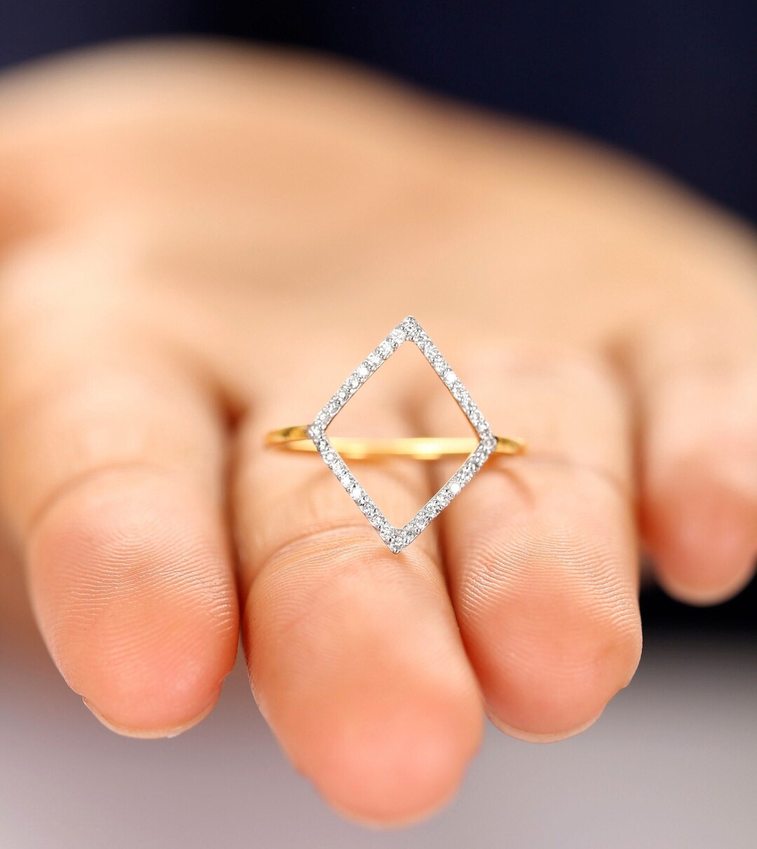 Rhombus Shape Diamond Ring, 14k Solid Gold, Natural Diamonds, Gift for ...