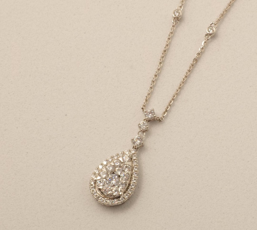 Halo Teardrop Diamond Necklace, 14k Solid Gold, Cluster Setting Chain ...