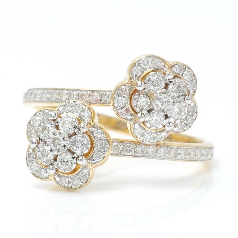 Double Floral Bypass Natural Diamond Ring: 14k Solid Gold Twin Flower ...