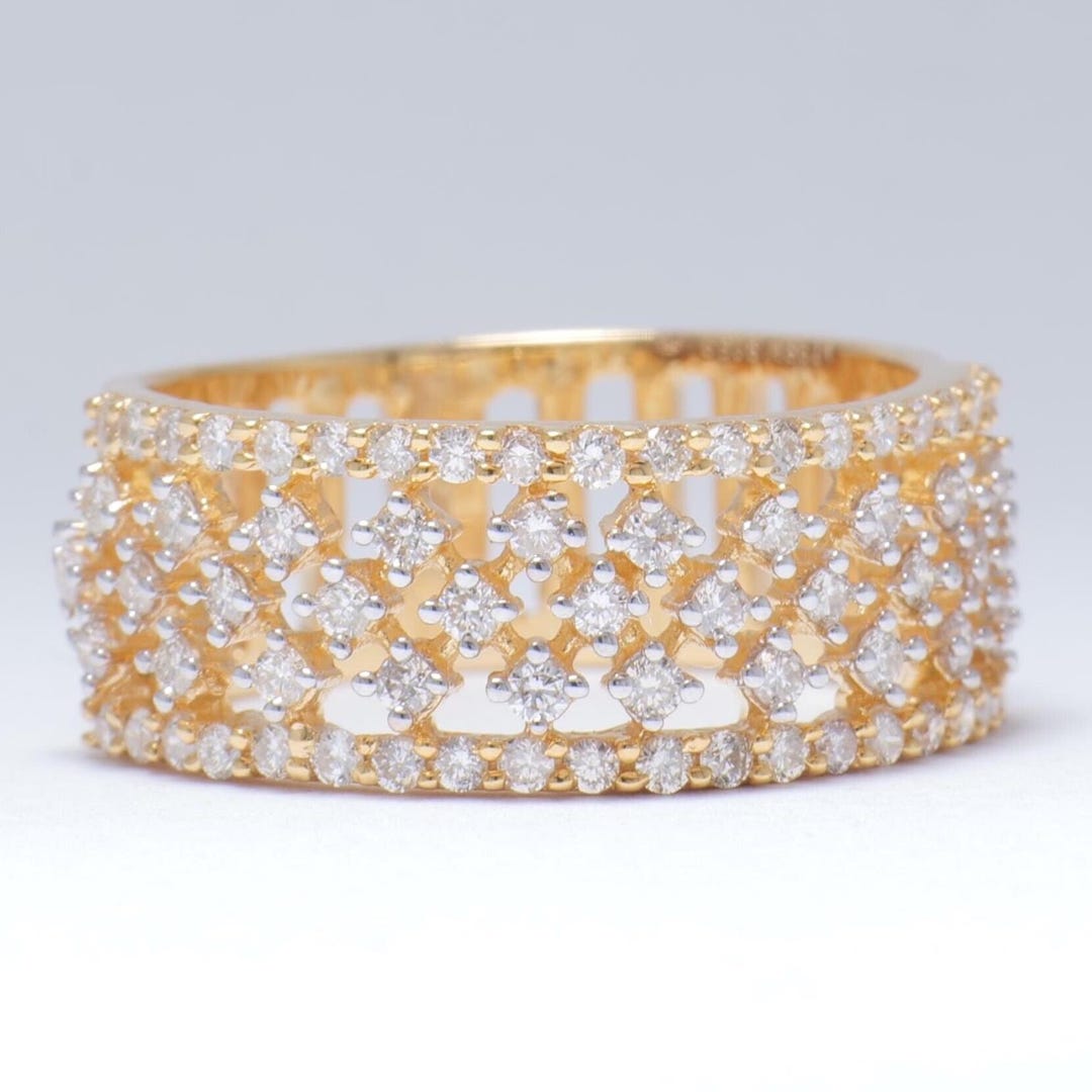 Wide Natural Diamond Band Ring: 14k Solid Gold Lattice Bridal Stacking ...