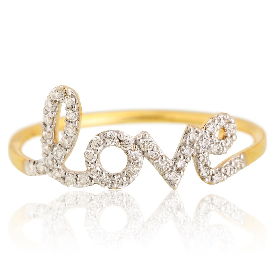 Love Diamond Handwritten Ring, 14K Solid Gold, Natural Diamonds, Gift ...