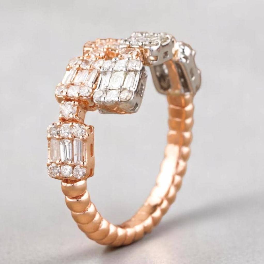 Double Band Diamond Ring in 14K Solid Gold, Baguette & Round Diamonds ...