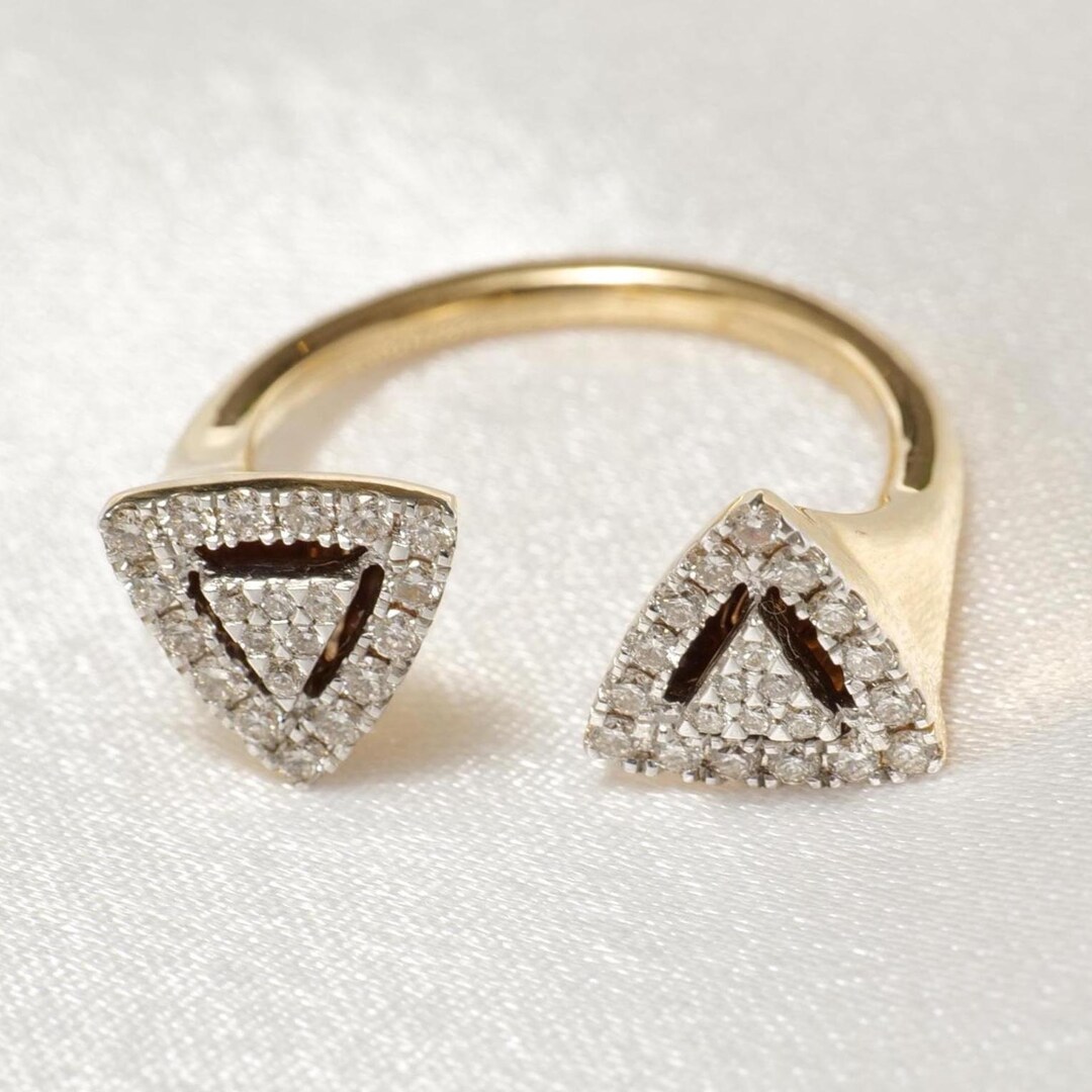 Halo Triangle Diamond Ring, 14K Solid Gold, Open Cuff Ring, Natural ...