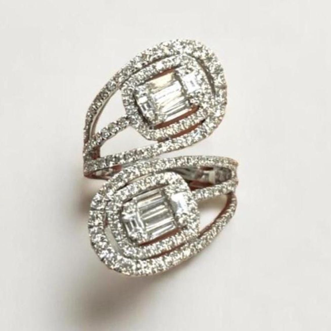 Swirl Diamond Bypass Ring, 14k Solid Gold, Natural Diamonds, Halo Set ...