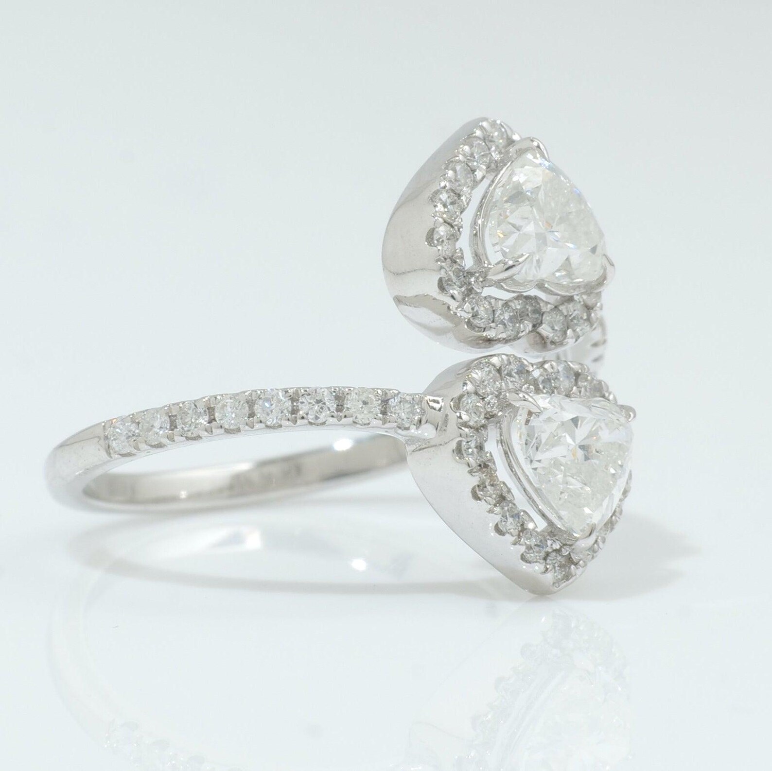 Double Heart Diamond Bypass Ring, 14k Solid Gold, Natural Diamonds, Two ...