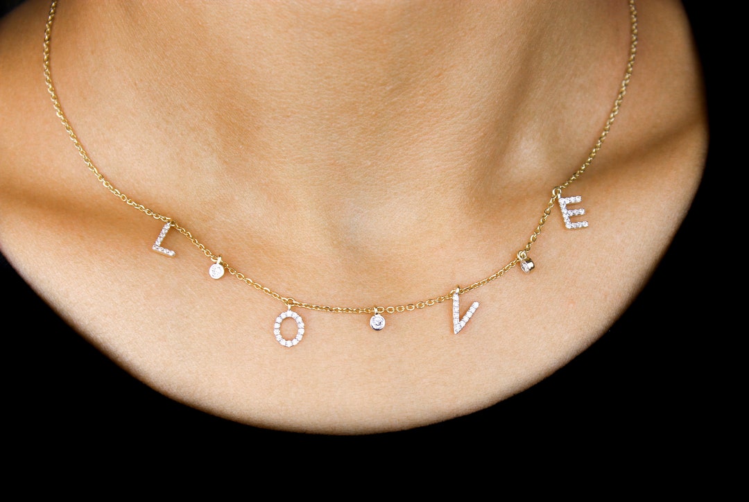 Love Letters Diamond Necklace, 14k Solid Gold, Natural Diamonds ...
