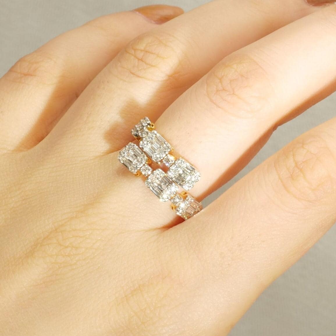 Double Band Diamond Ring in 14K Solid Gold, Baguette & Round Diamonds ...