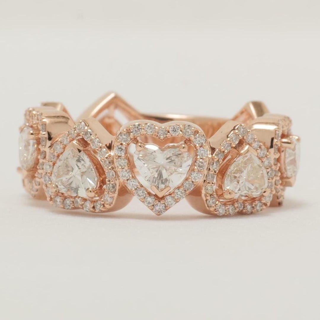 Halo Heart Diamond Eternity Ring, 14K Solid Gold, Cocktail Ring, Heart ...