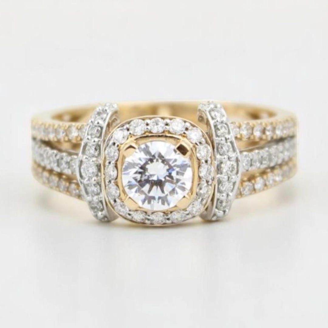 Round Solitaire Halo Diamond Ring, 14k Solid Gold, Natural Diamonds ...