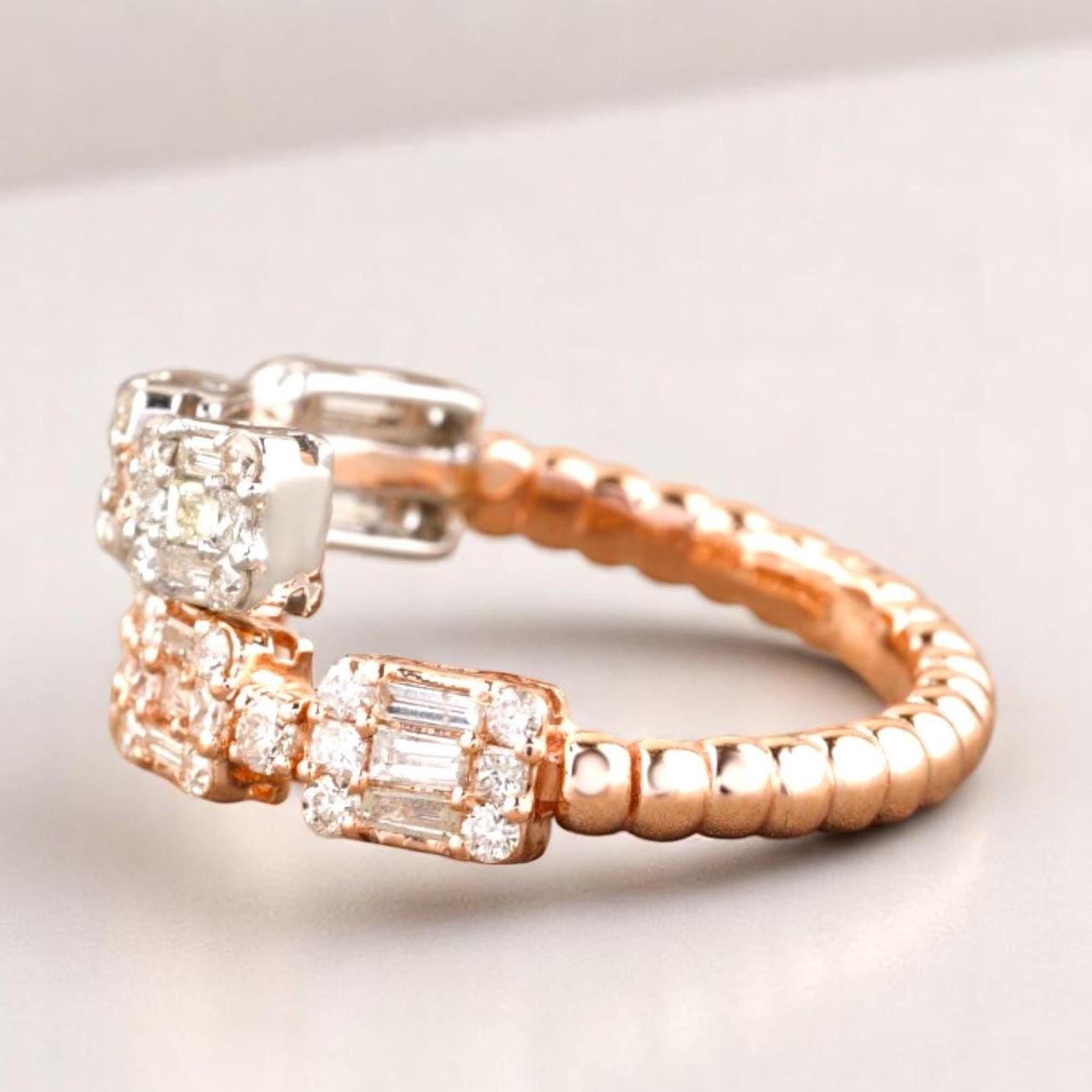 Double Band Diamond Ring in 14K Solid Gold, Baguette & Round Diamonds ...