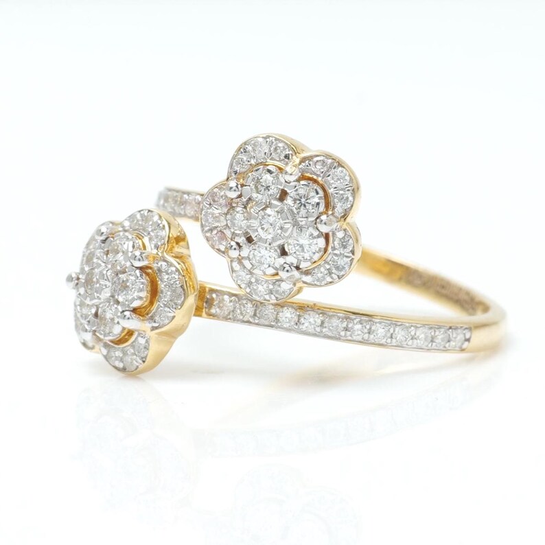 Double Floral Bypass Natural Diamond Ring: 14k Solid Gold Twin Flower ...