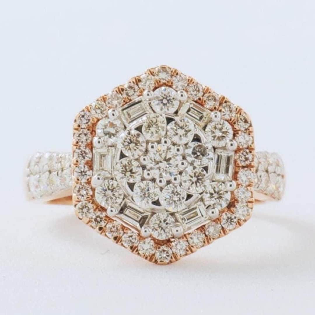 Hexagonal Halo Natural Diamond Bridal Ring: 14k Solid Gold Cocktail ...