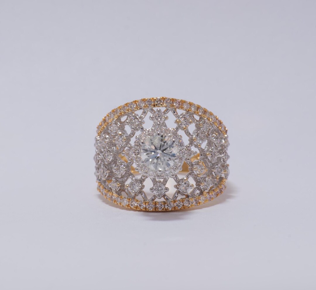 Solitaire Broad Diamond Ring, 14k Solid Gold Diamond Band, Two Toned ...