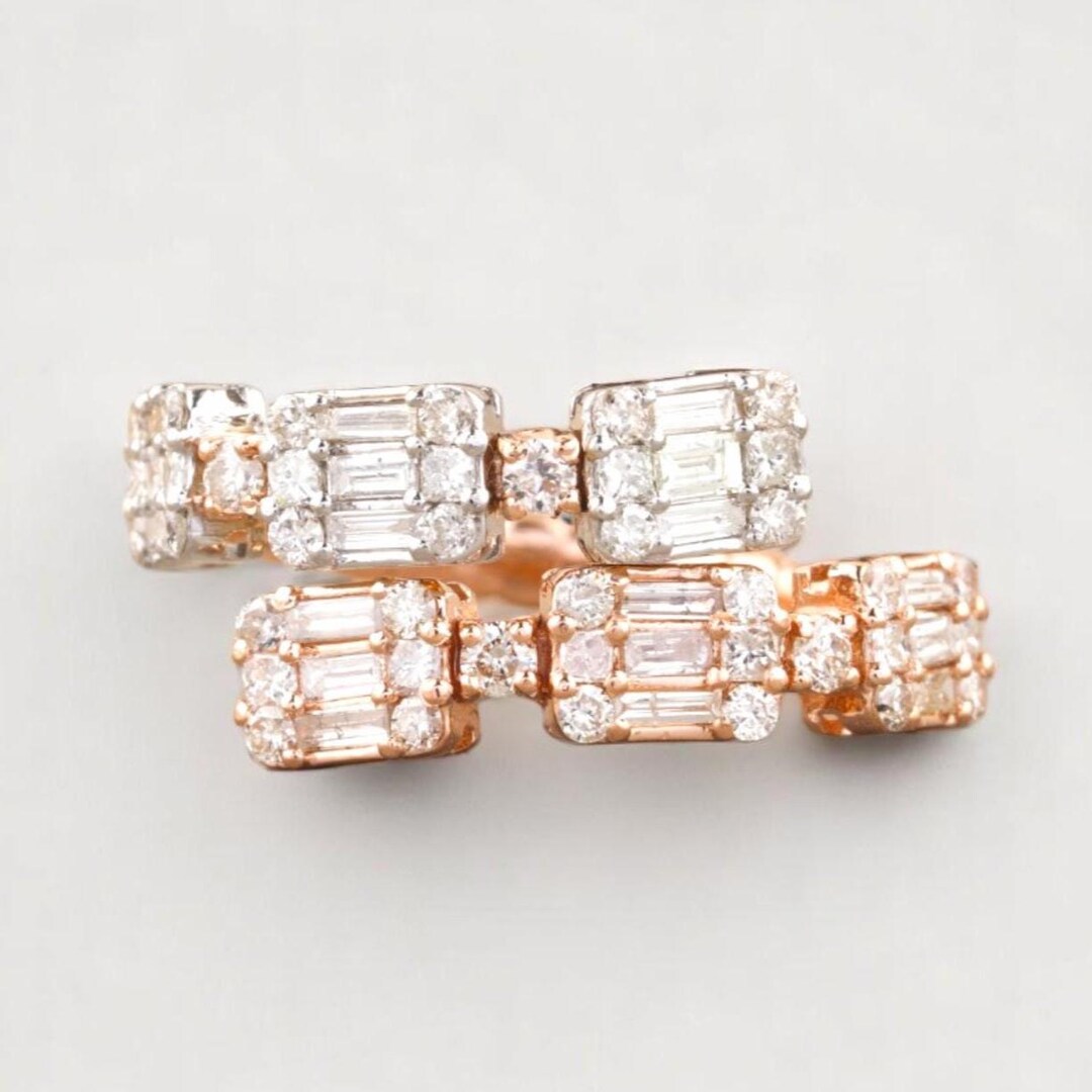 Double Band Diamond Ring in 14K Solid Gold, Baguette & Round Diamonds ...