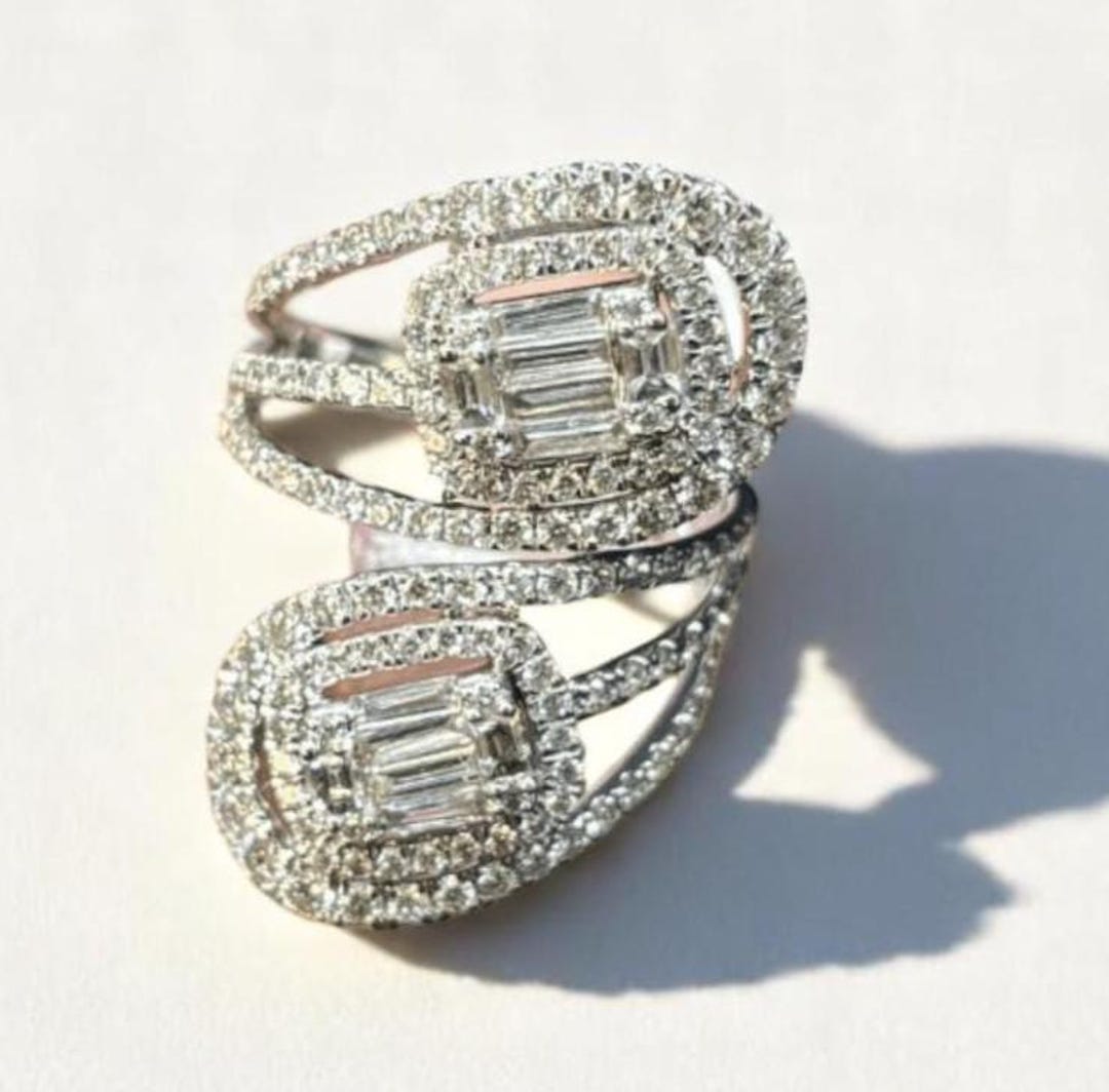 Swirl Diamond Bypass Ring, 14k Solid Gold, Natural Diamonds, Halo Set ...