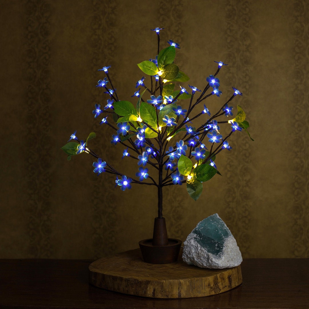 Blue Cherry Blossom LED Tree Lamp: Wooden Base Night Light - Etsy