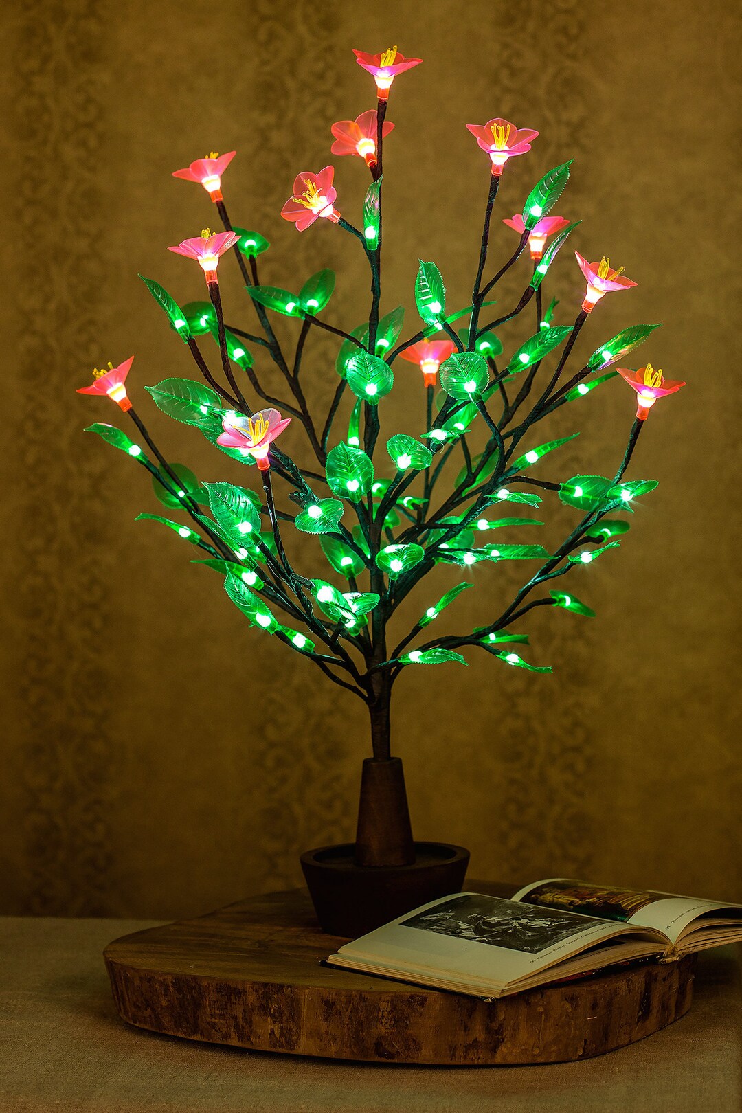 LED Tree Table Lamp Green Soft Silicone Leaves and a Large Pink Flower ...