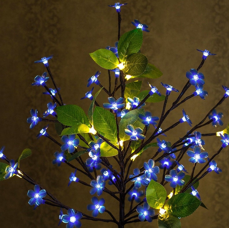 Blue Cherry Blossom LED Tree Lamp: Wooden Base Night Light - Etsy