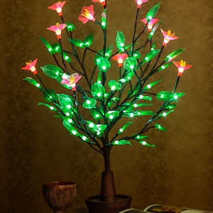 LED Tree Table Lamp Green Soft Silicone Leaves and a Large Pink Flower ...