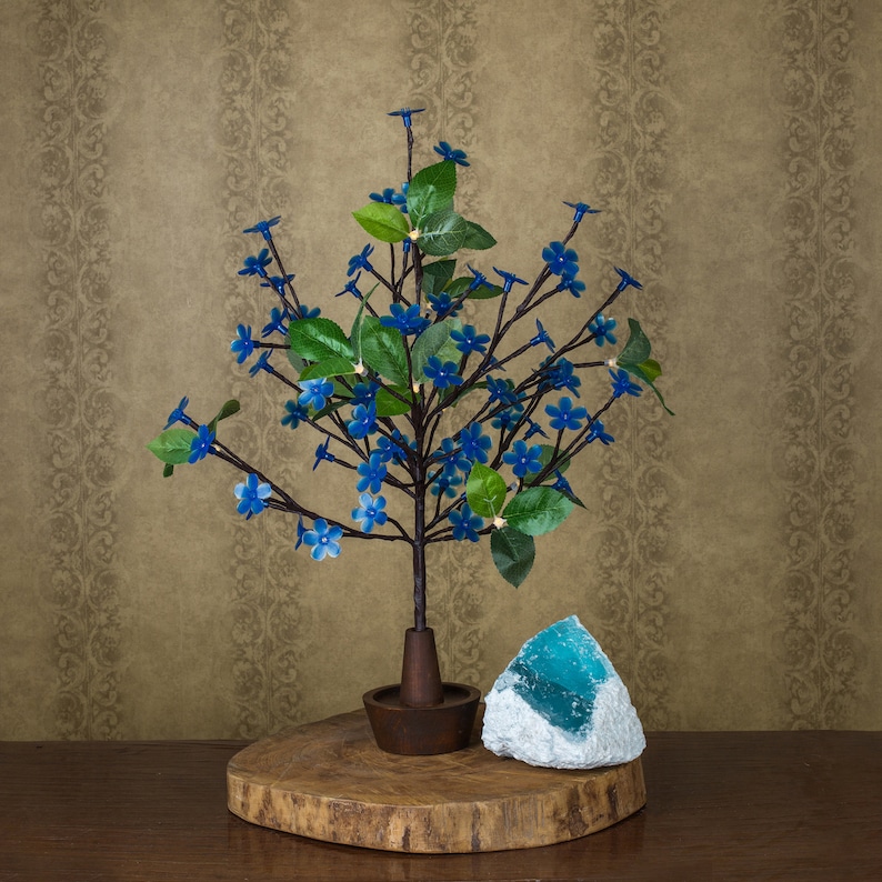 Blue Cherry Blossom LED Tree Lamp: Wooden Base Night Light - Etsy