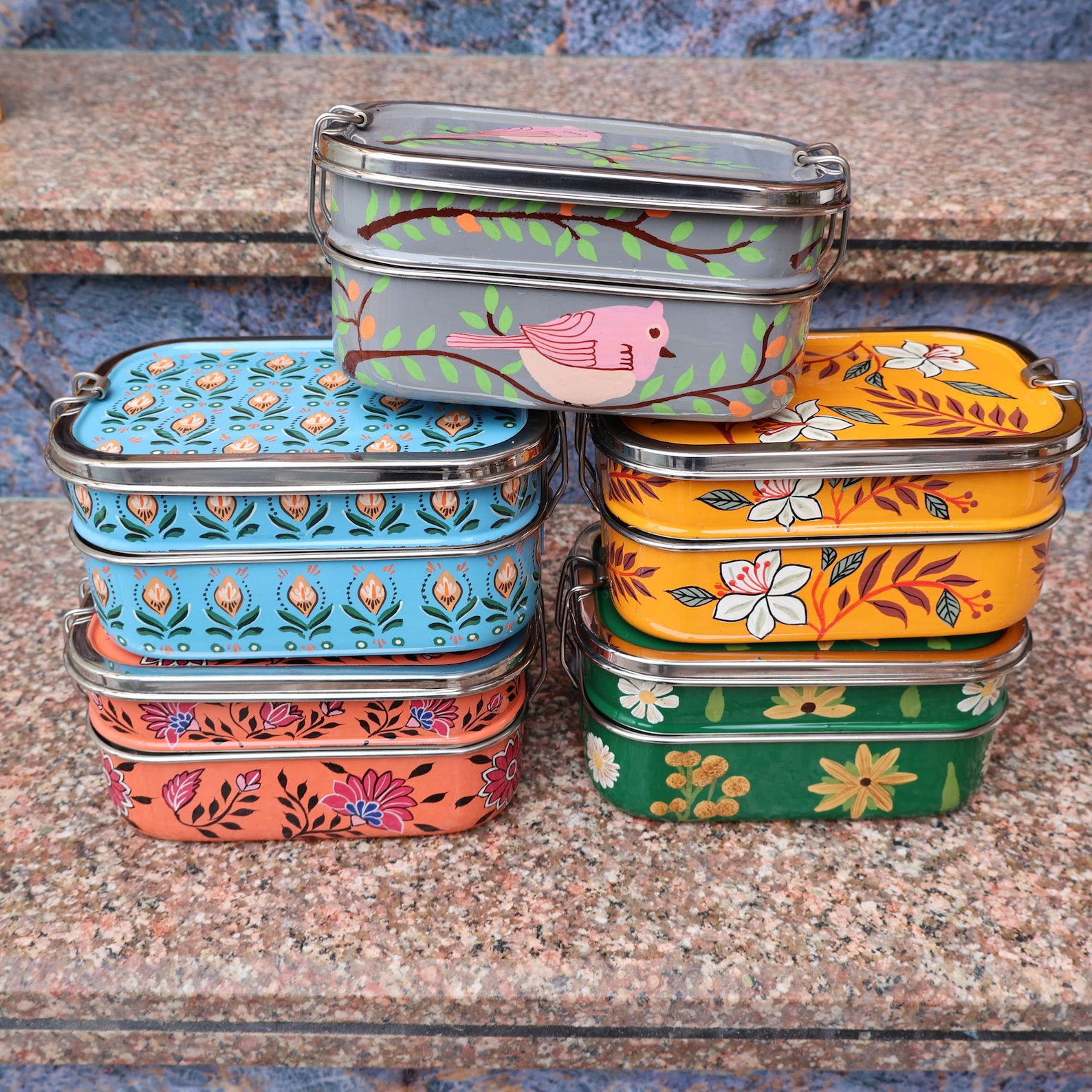 Hand Painted Bento Lunch Boxes | Kashmir Enamelware | Rectangular ...