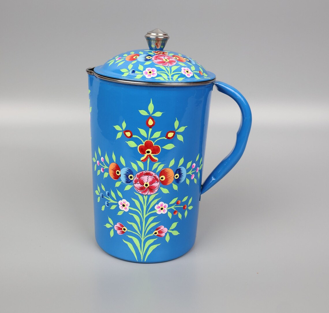 Hand Painted Water Pitcher With Lid From India | Kashmir Enamelware ...