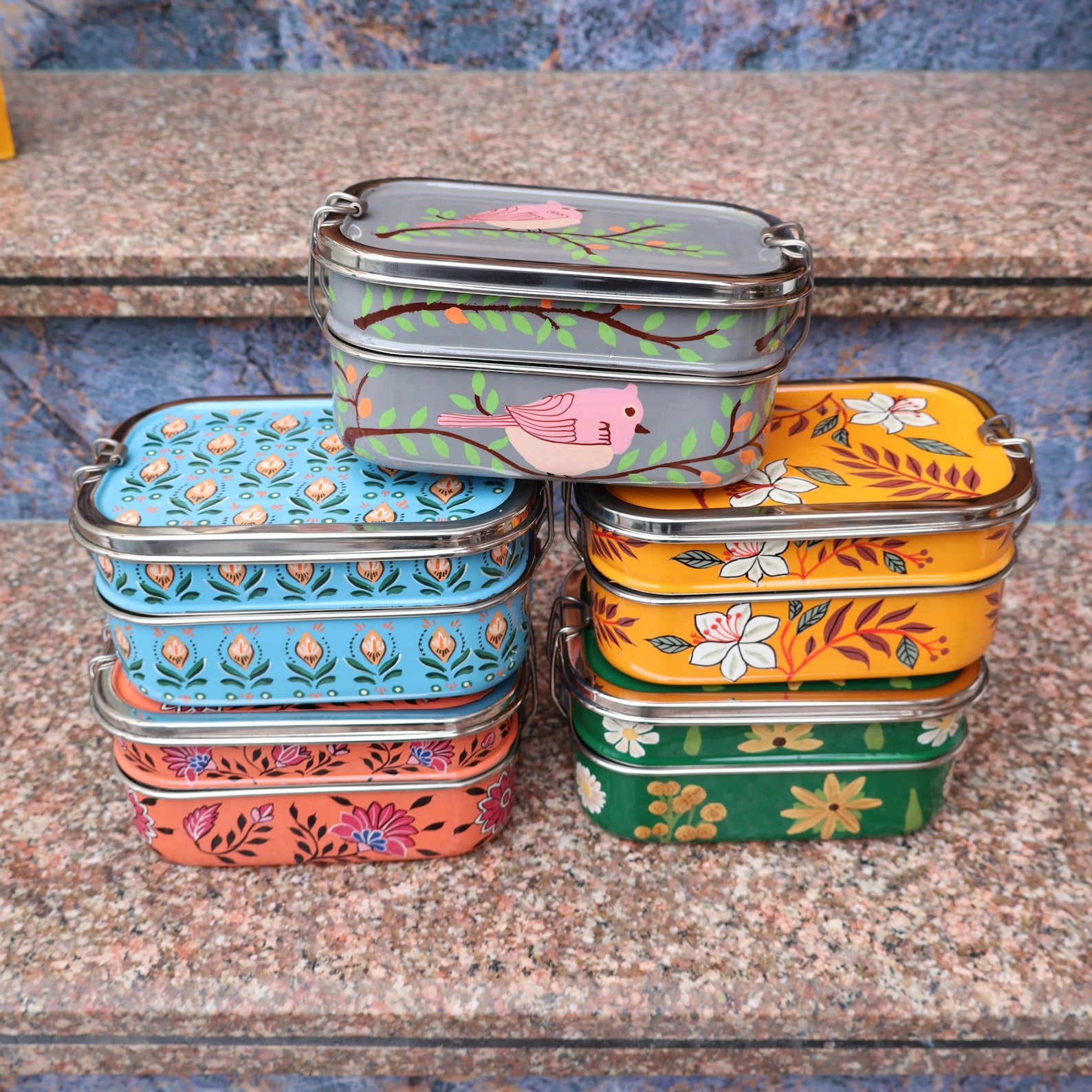 Hand Painted Bento Lunch Boxes | Kashmir Enamelware | Rectangular ...