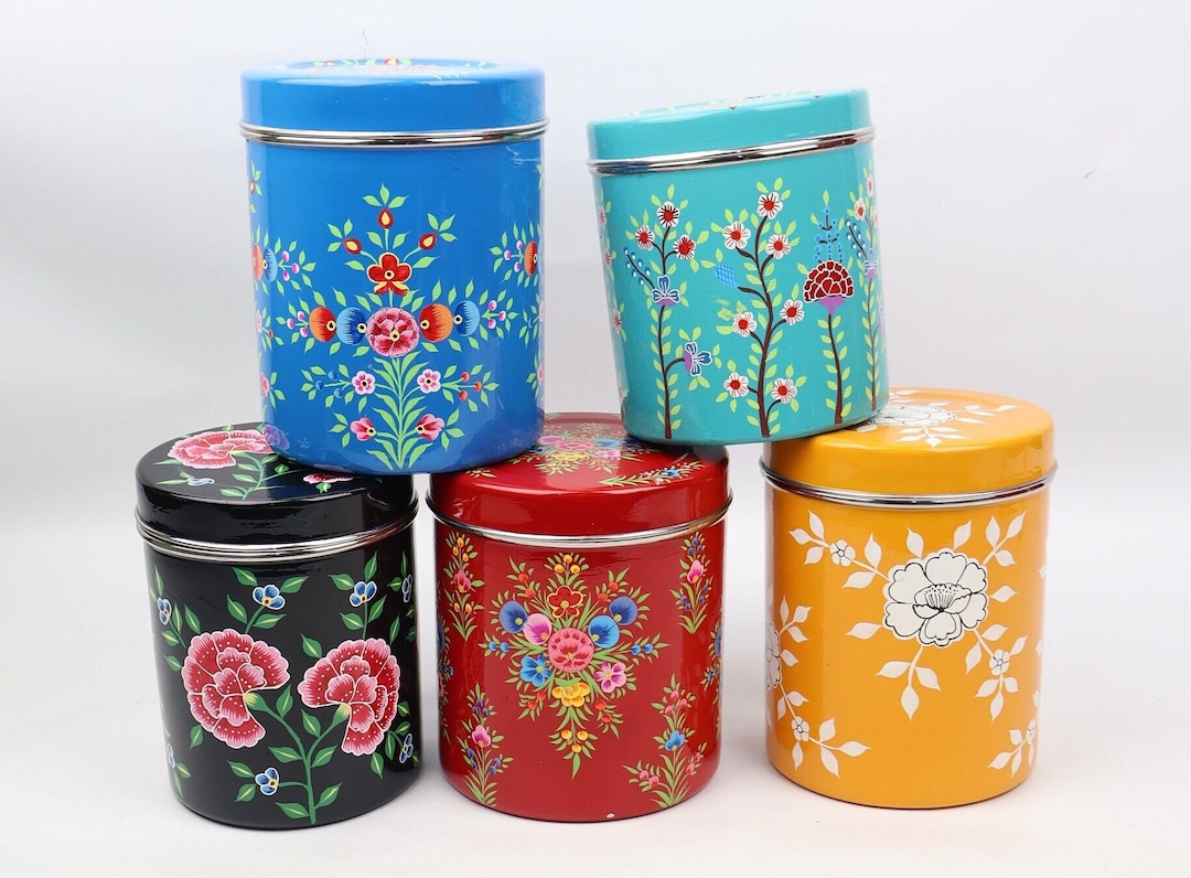 Hand Painted Cylinder Shape Food Storage Big Boxes | Kashmir Enamelware ...