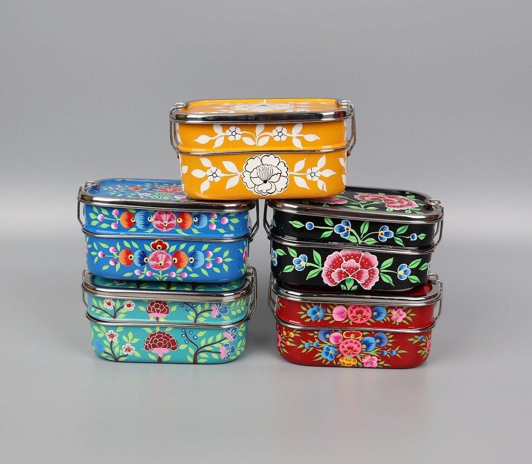 Hand Painted Bento Lunch Boxes Kashmir Enamelware Rectangular Painted ...