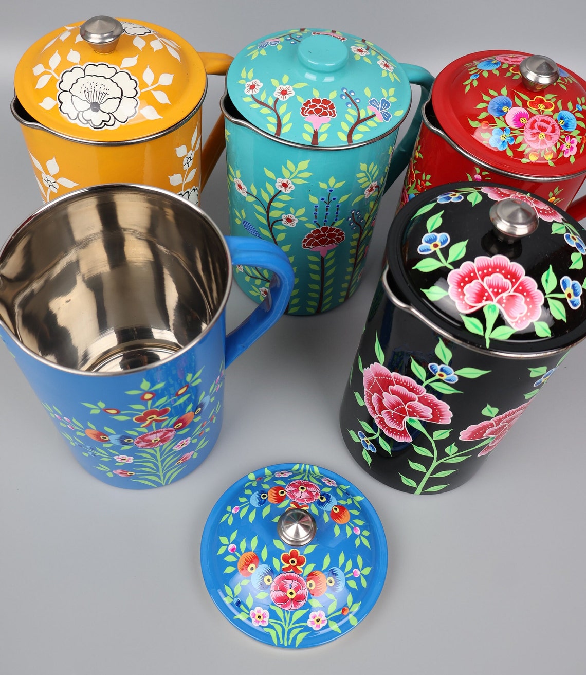 Hand Painted Water Pitcher With Lid From India | Kashmir Enamelware ...