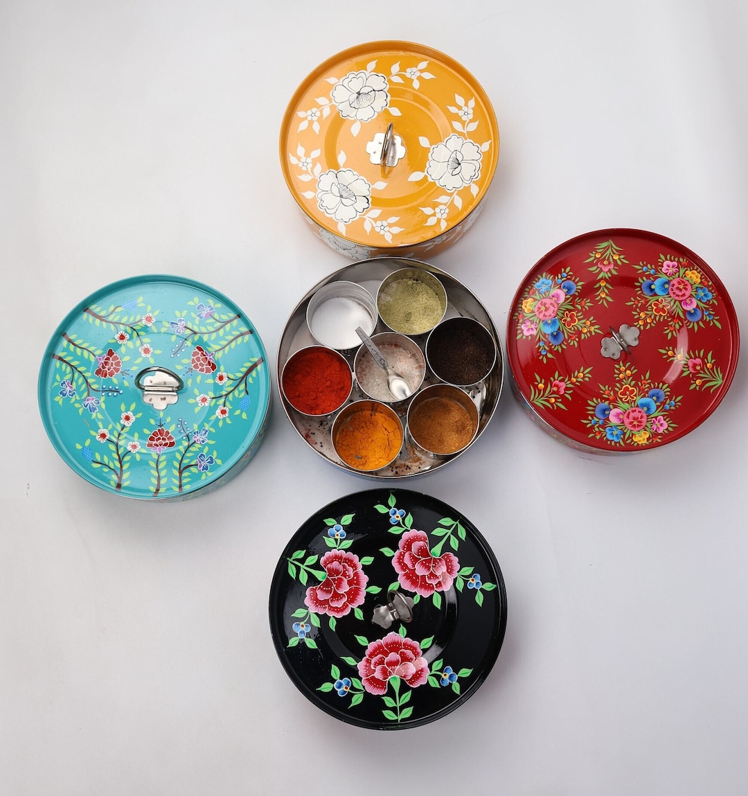 Hand Painted Masala Round Box | Kashmir Enamelware | Hand Painted Spice ...