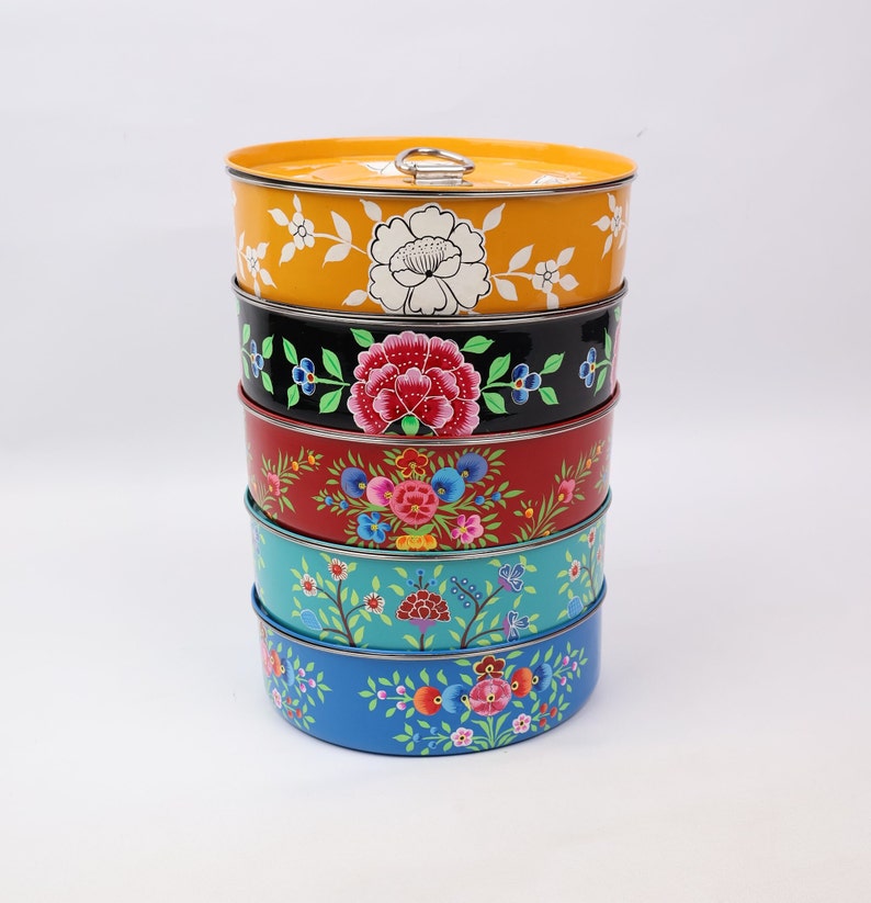 Hand Painted Masala Round Box | Kashmir Enamelware | Hand Painted Spice ...