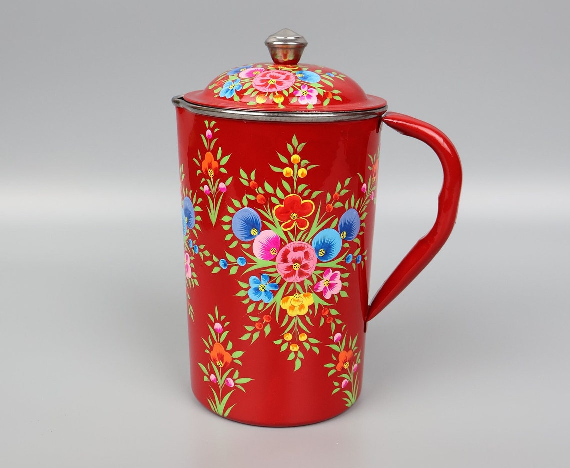 Hand Painted Water Pitcher With Lid From India | Kashmir Enamelware ...